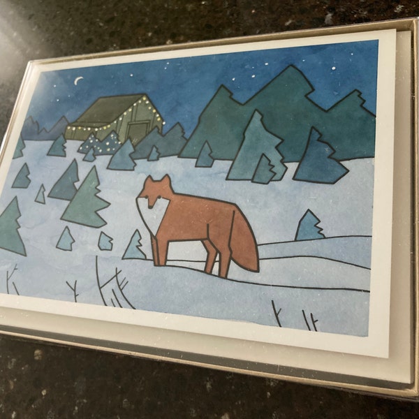 Red Fox Christmas Cards Christmas Trees Illustrated Holiday Card Set - Etsy