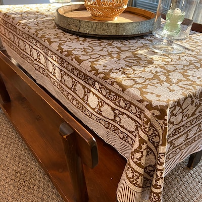 Brown Floral Table Cloth, Block Print Table Cover, Cotton Table Linen ...