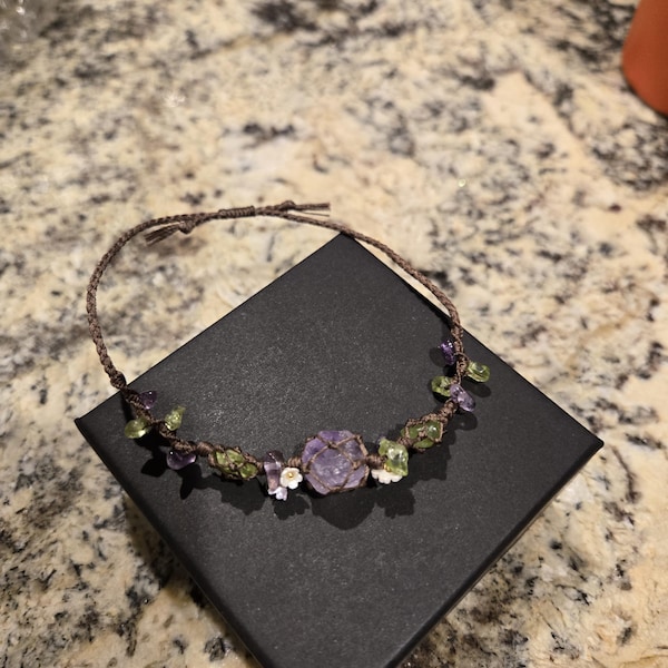 Natural Amethyst Necklace/ Peridot Macrame Choker/ Raw Amethyst Choker ...