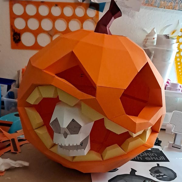 Papercraft Halloween Pumpkin With Skull, Low Poly Pumpkin and Skull ...