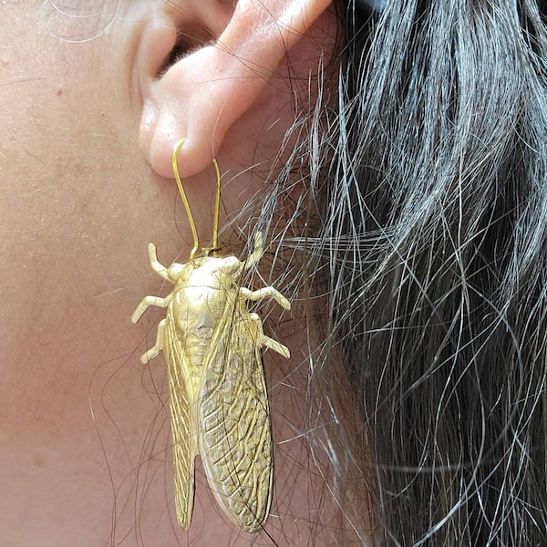 Giant Gold Brass Cicada Earrings, Handmade Insect, Gold Plated Kidney ...
