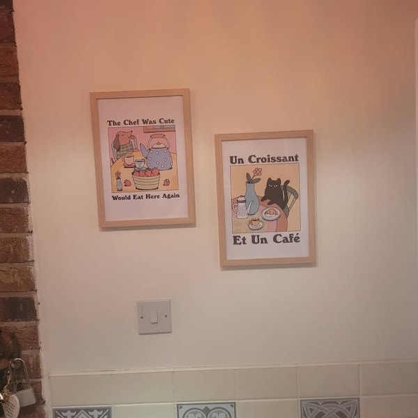 French Cafe Croissant Cat Print, Retro Drink Poster, Bistro Coffee ...