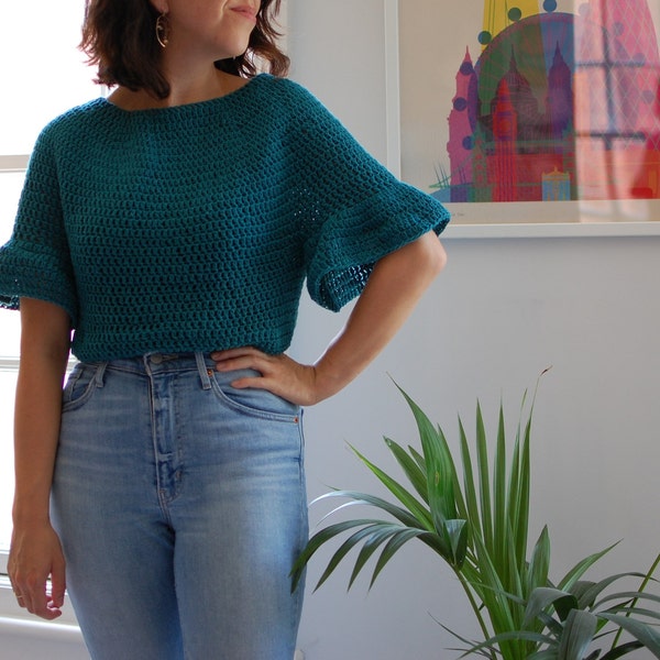 Crochet Ruffle Sleeve Round Neck Sweater Top PDF Pattern Patron Instant ...