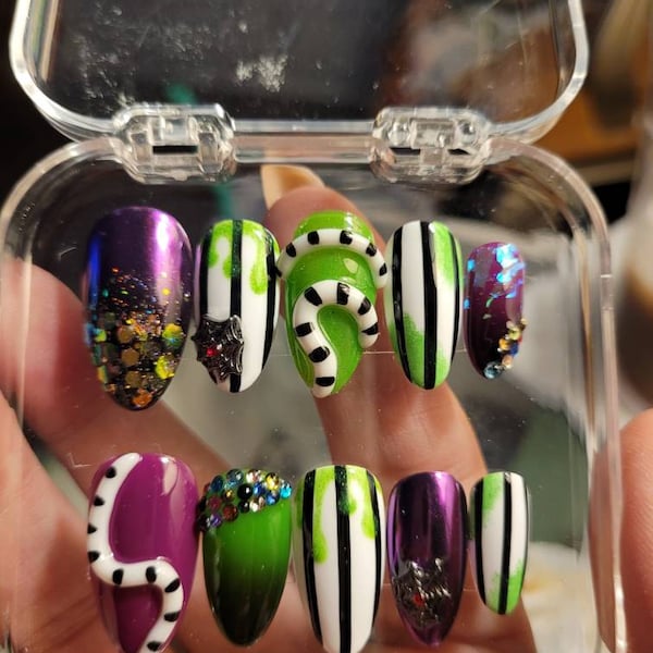 Glitter Frankie Halloween Press on Nails Spider Web Green & Black Fake ...