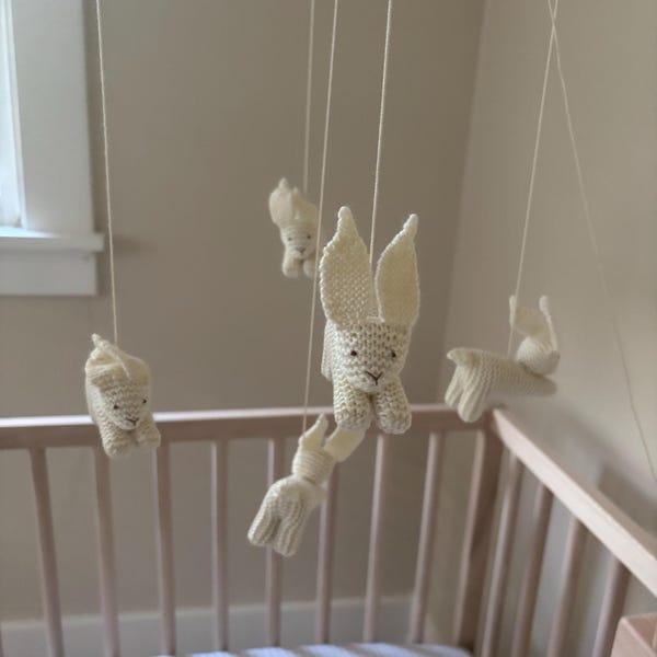 Handmade Bunny Baby Mobile: Knitted Animals Nursery Decor, Jumping ...
