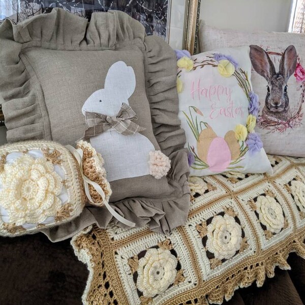 Easter Pillow Neutral Bunny Pillow Handmade Ruffled Linen Pillow Throw ...