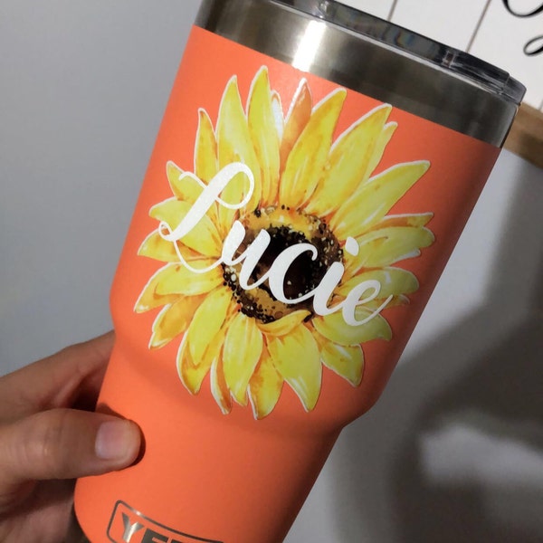Sunflower Monogram Sticker | Vinyl Name Decal | Watercolor Floral Name ...