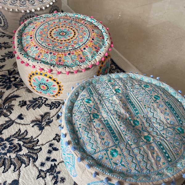 STUFFED Ottoman Pouf Indian Embroidery Handmade Pouf Footstool ...