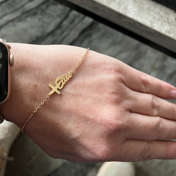 Cross Name Bracelet, Baptism Gift, Personalized Cross Bracelet With ...