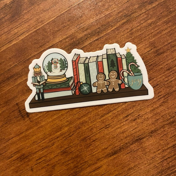 Christmas Bookshelf Sticker, Holiday Book Stack Vinyl Sticker, Cozy ...