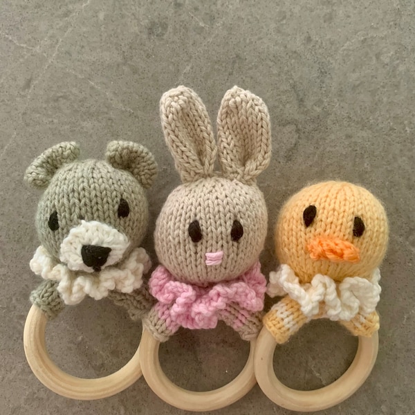 PDF Knitting Pattern Baby Rattle Toy Teddy Bear Bunny Rabbit Duck 3 X ...