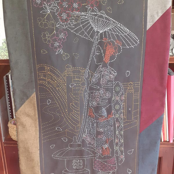 Sashiko Panel | Pre-printed Cotton Hand-printed | Maneki-neko | FLAT ...