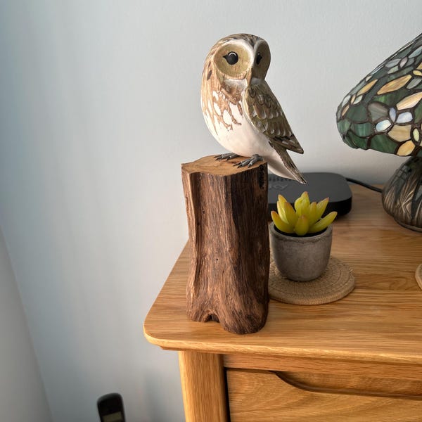 Wooden Carved and Painted OWL on Tree Stump / Fairtrade Ornament ...