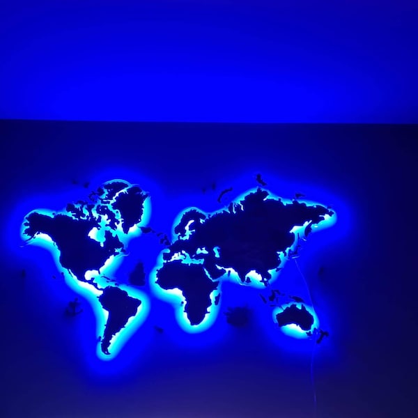 3D LED RGB Map of the World, Neon Map Wall, 3D Wooden World Map ...