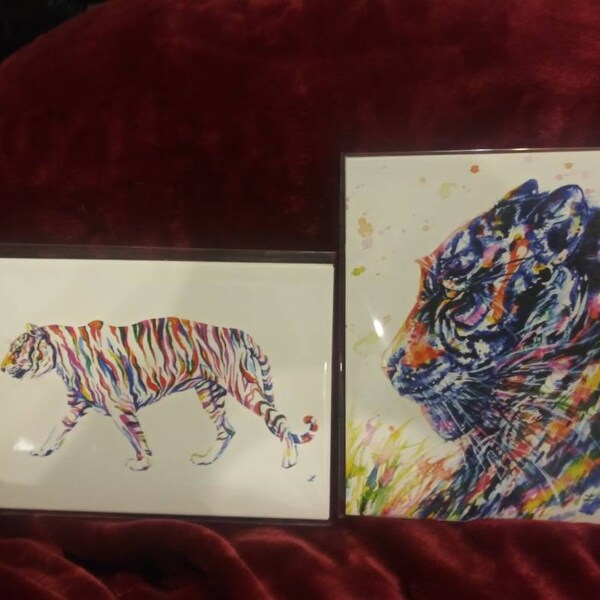 Rainbow Tiger Art Print Colorful Walking Watercolor Painting Stripes ...