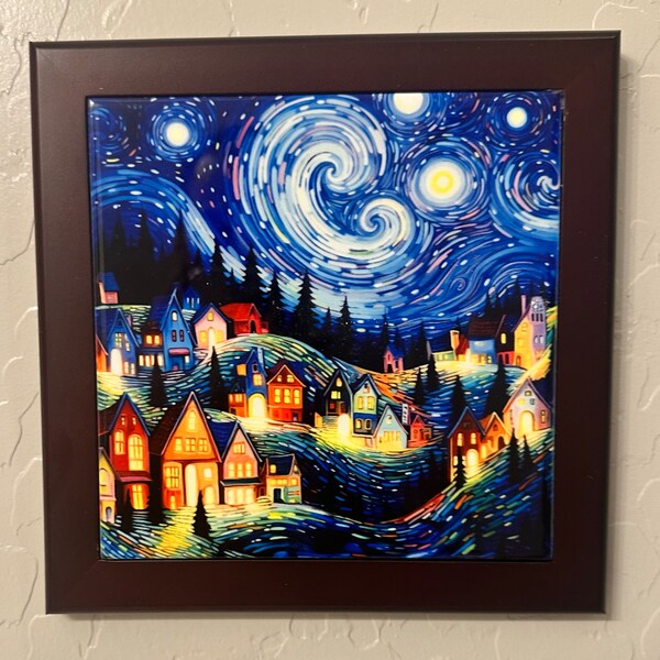 Whimsical Starry Night Village Ceramic Tile Art - Etsy