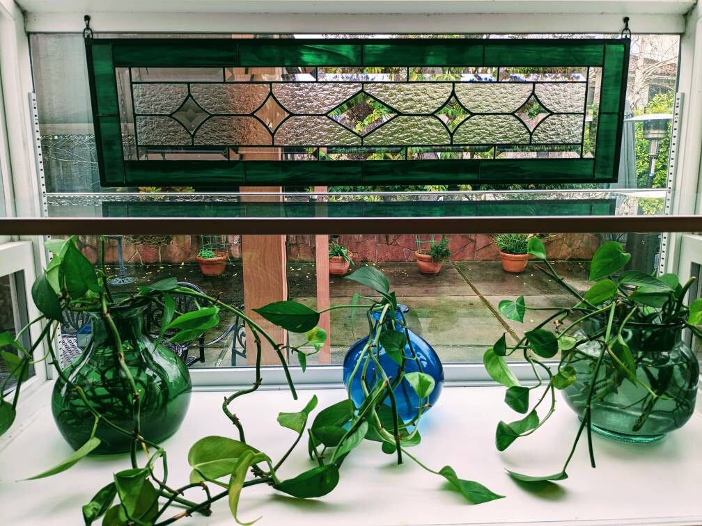 Honeydewglass Emerald Green And Granite Stained Glass Panel 95 X 355”