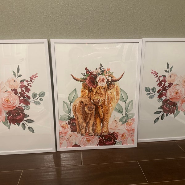 Highland Cow Nursery Wall Art Poster, Girl Highland Cow Nursery Decor ...