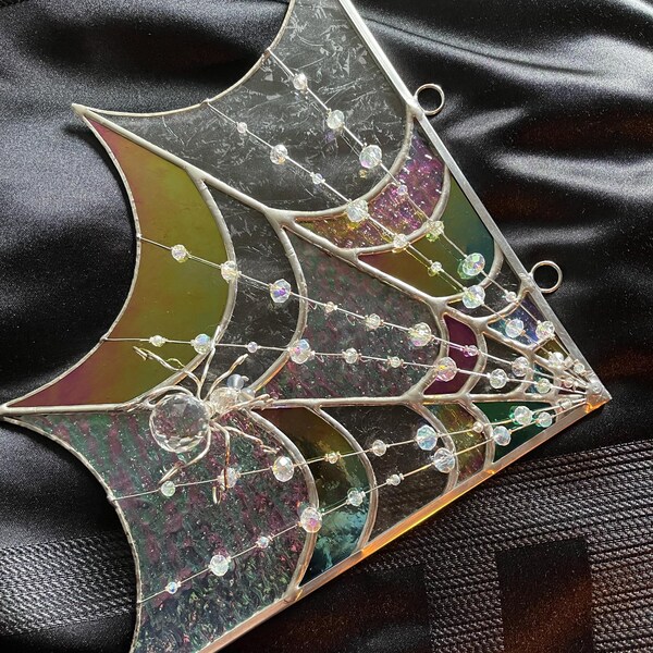 Stained Glass Iridescent Spider Web With Spider, Holiday Decor ...