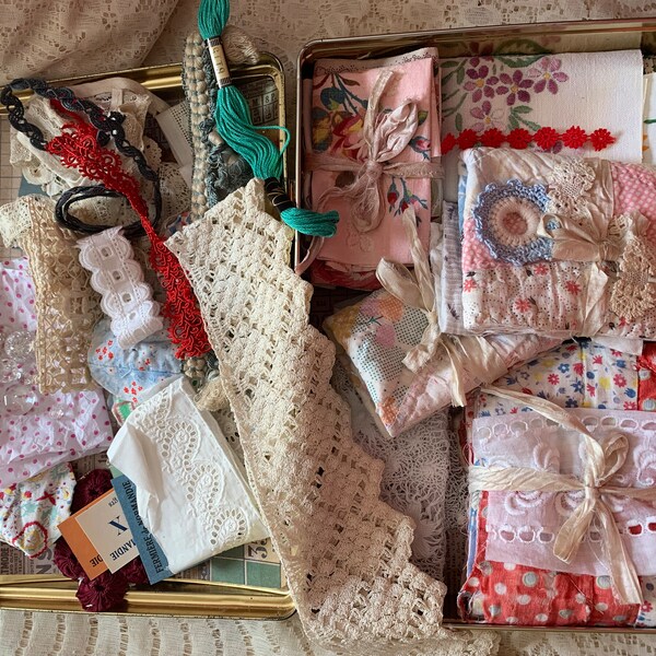 Vintage Quilt Pieces and Floral Fabrics, Vintage Fabric Bundle, Slow ...