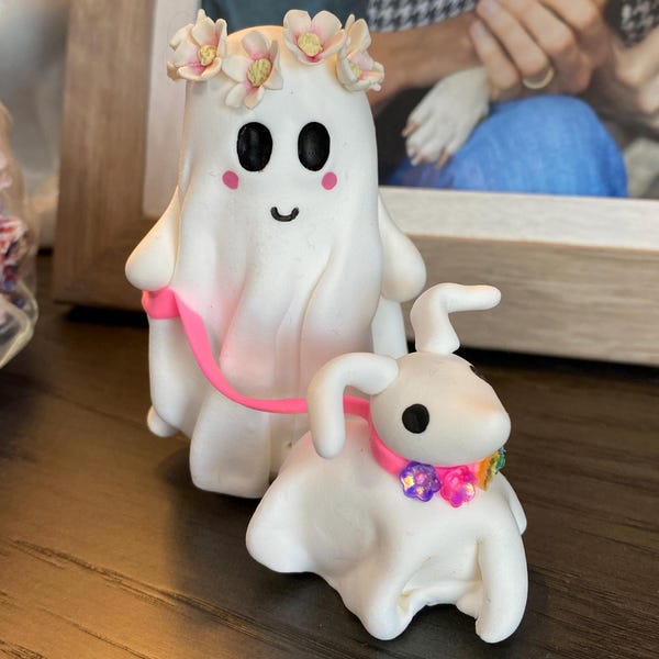 Mini Ghost With Ghost Pet, Handmade Clay Figure, Light Weight ...