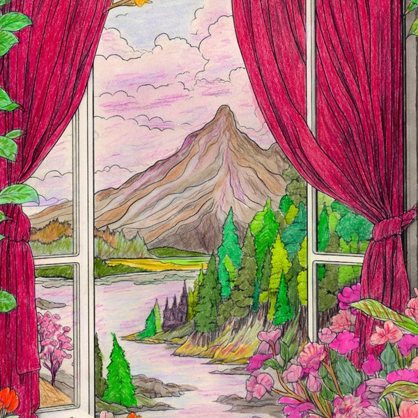 27 Fantasy Open Windows Views Coloring Book, Printable PDF, Fairytale ...