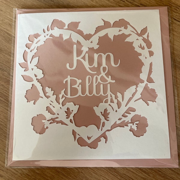 Floral Love Heart Personalised Card, Papercut Card, Personalised Names ...