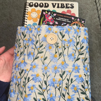 Blue Beige Daisy Embroidered Book Sleeve, Kindle Sleeve, Ereader Cover ...
