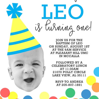Baby Face Photo First Birthday Party Invitation With Rainbow Confetti ...