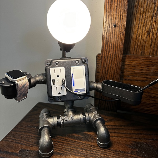 Steampunk Robot Industrial Pipe Desk Lamp With USB & AC Outlets, Dimmer ...