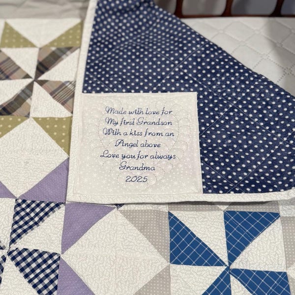 A Very Special Quilted Point Squares Custom Embroidered Quilt Label ...