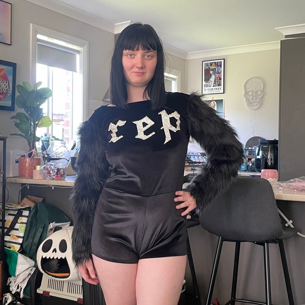Rep Costume Black Velvet With Furry Sleeves. Romper With Rhinestones ...