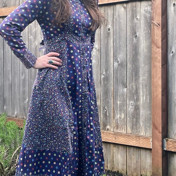 1970s Rainbow Embroidered Vicky Vaughn Folk Dress Vintage Prairie ...