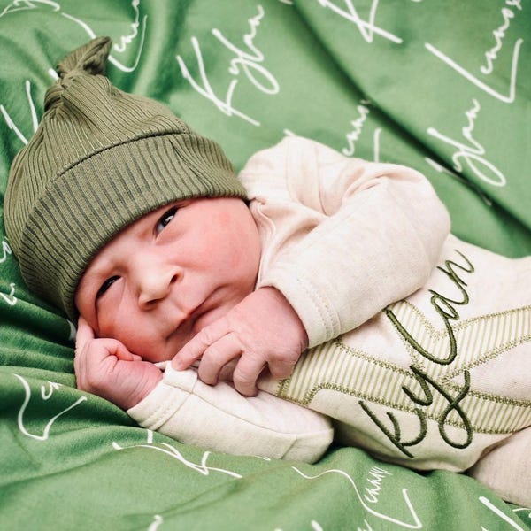 Custom Green Baby Footie With Fold Over Footies and Olive Hat ...
