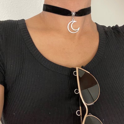 Velvet Crescent Moon Choker / Moon Choker Black / Black Choker Moon ...