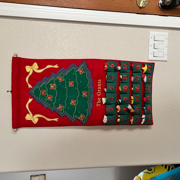 Personalized Green Christmas Tree Fabric Advent Wall Hanging Calendar, Family Countdown With 24 ...