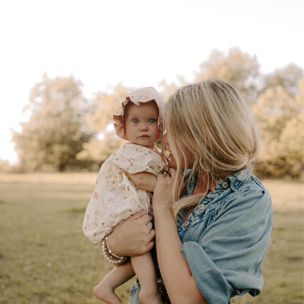 Ruffled Linen Baby Bonnet Girl, Ivory, Dusty Pink, Dusty Blue Ruffle ...