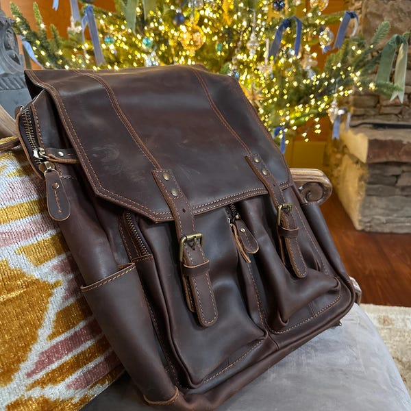 Leather School Backpack, College Gift, Office Travel Backpack Personalized Large Leather ...