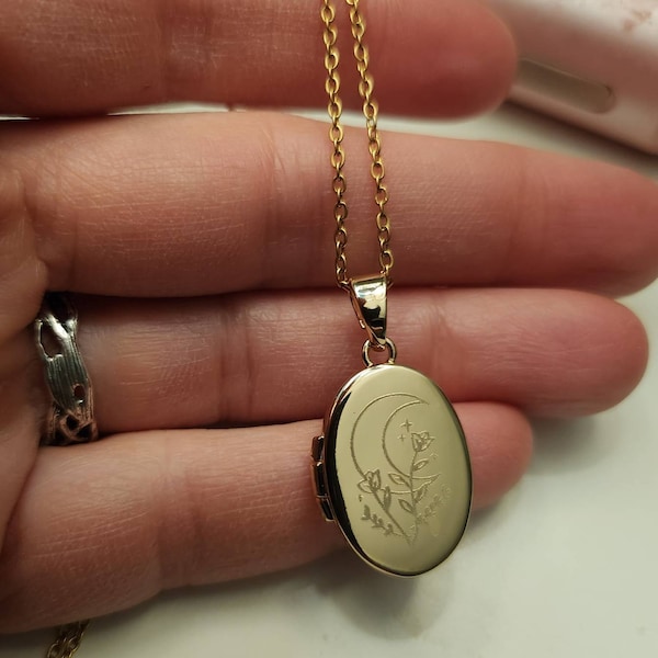 Personalized Oval Photo Locket Necklace, Vintage Locket Necklace, Moon ...