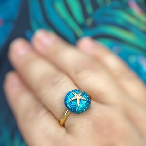 Blue Ocean Shell Ring, Gold & Blue Enamel Style, Beach Jewelry for All ...