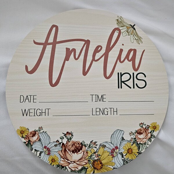 Floral Birth Stat Sign, Birth Announcement Plaque, Baby Name ...