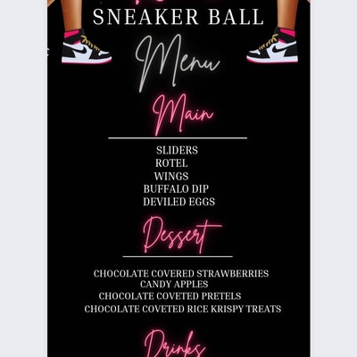 Editable Sneaker Ball Menu Card, Sneaker Gala Dinner and Drinks Menu ...