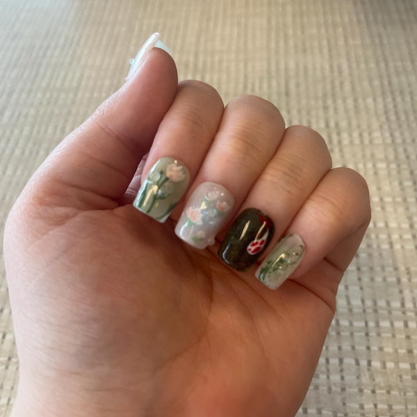 Koi Pond Press on Nails by Auritanail | Water Lily & Fish Fake Nails ...