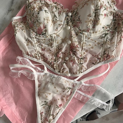 Romantic Pink Floral Lace Ruffle Lingerie Set - Etsy