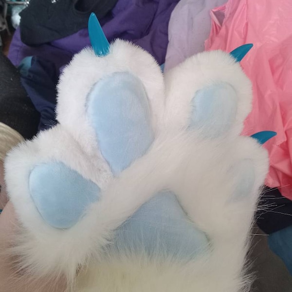 White and Purple Wolf Paw Gloves, Fluffy Kitten Fursuit Paws, Fox Paw ...