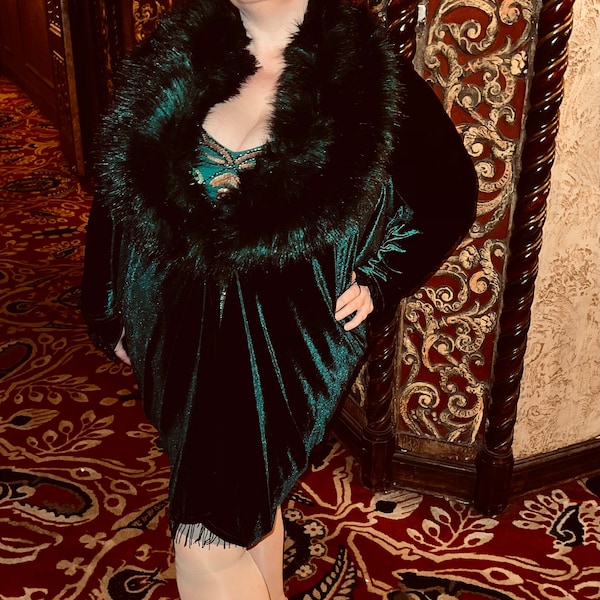 Custom Made-hunter Green Velvet Cocoon Robe-faux Fur Collar-old ...