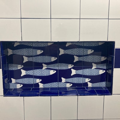 Navy Blue Fish Tile, Ocean Tile Feature Wall, Fish Decor, Pattern ...