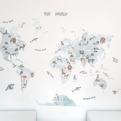 Animal World Map Wall Sticker Kids World Map Decal World Map Wall Decal ...