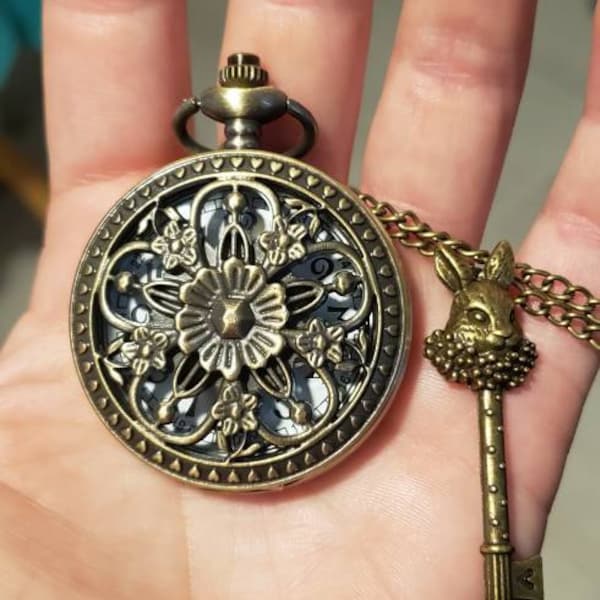 Alice in Wonderland Pocketwatch Necklace With White Rabbit Key - Etsy