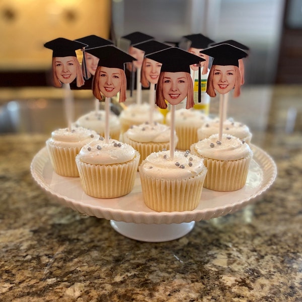 Graduation Cupcake Toppers With Face and Cap, Photo Cupcake Toppers ...